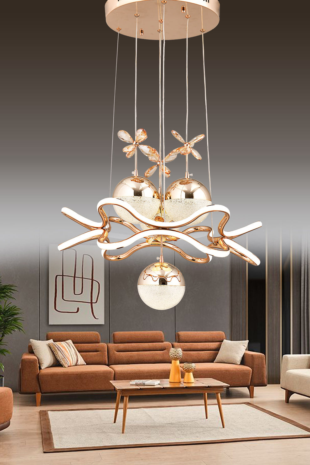 HR046 Modern Crystal Stone Chandelier (Gold) with Remote Control – Litey Store